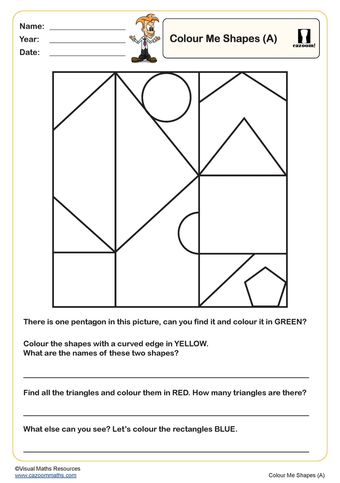 Colour Me Shapes (A) Worksheet | PDF printable Geometry Worksheets