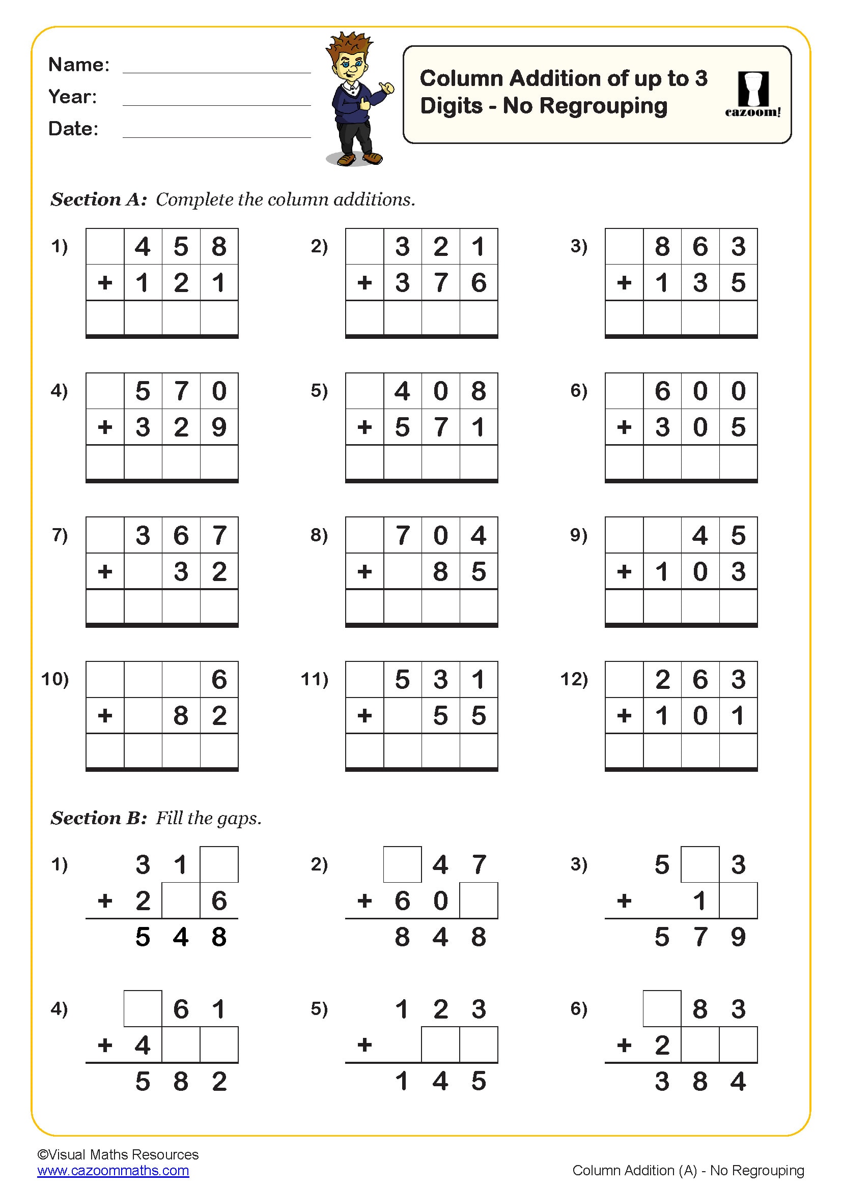 Column Addition of up to 3 Digits - No Regrouping | PDF printable Addition Worksheets