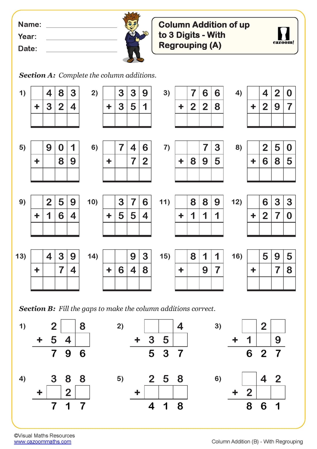 Column Addition of up to 3 Digits - With Regrouping (A) | Fun and ...