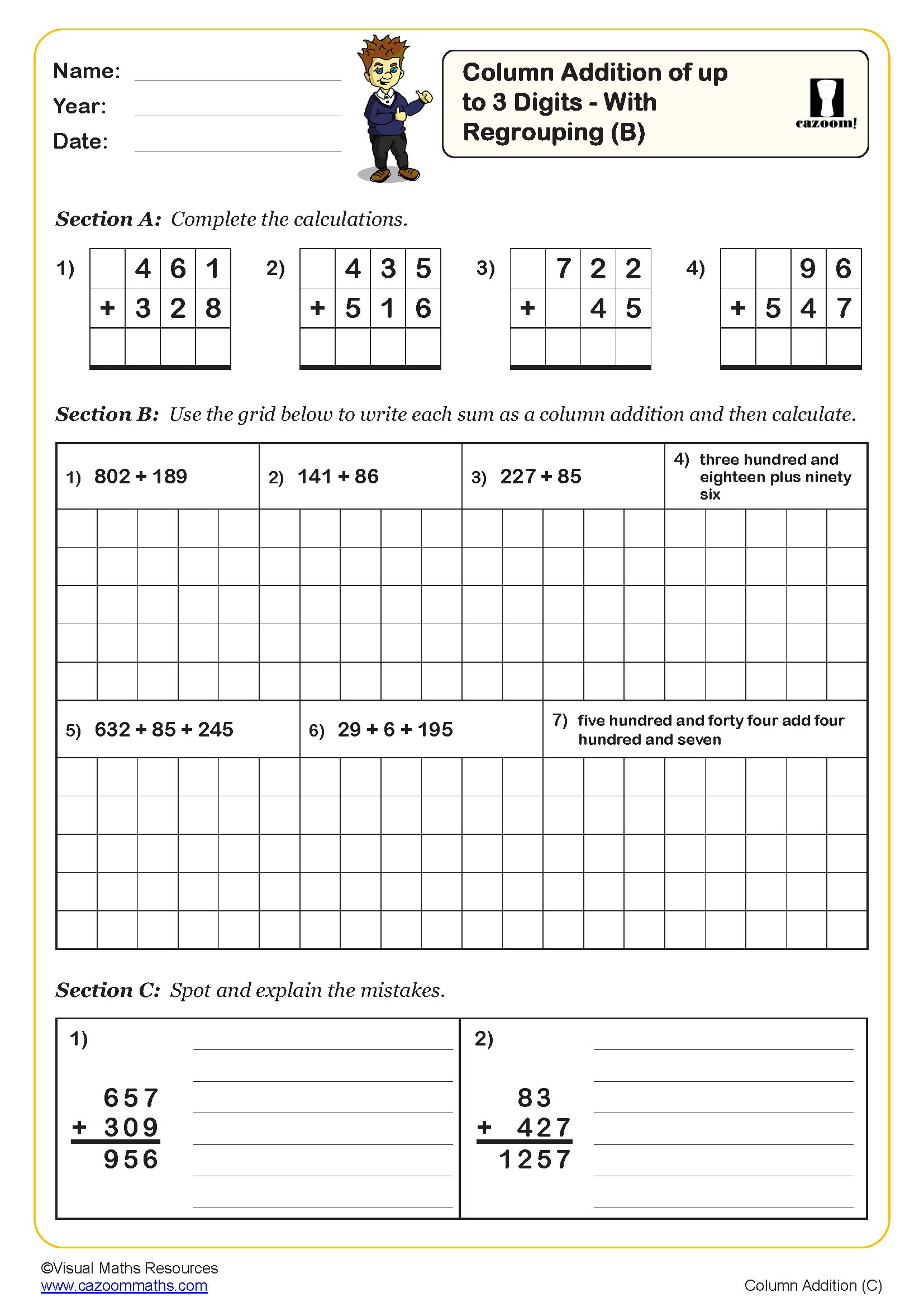 Column Addition of up to 3 Digits - With Regrouping (B) | Key Stage 2 ...