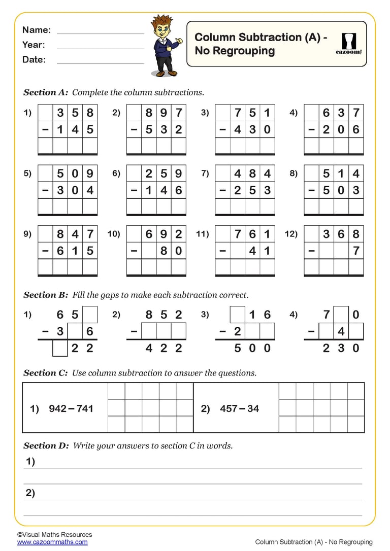 Column Subtraction (C) Worksheet | Key Stage 2 PDF Subtraction Worksheets