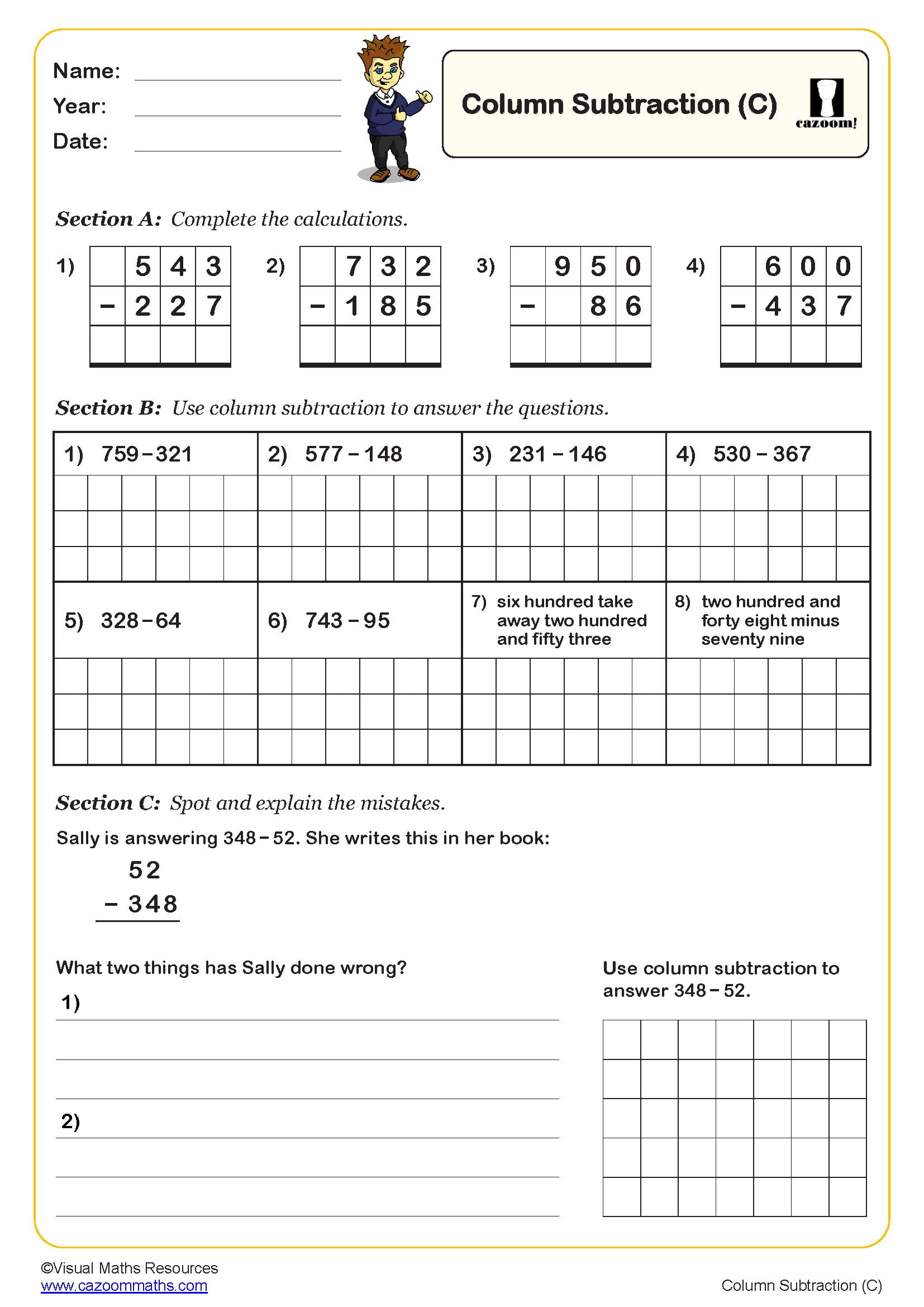 Column Subtraction (A) Worksheet | PDF printable Subtraction Worksheets
