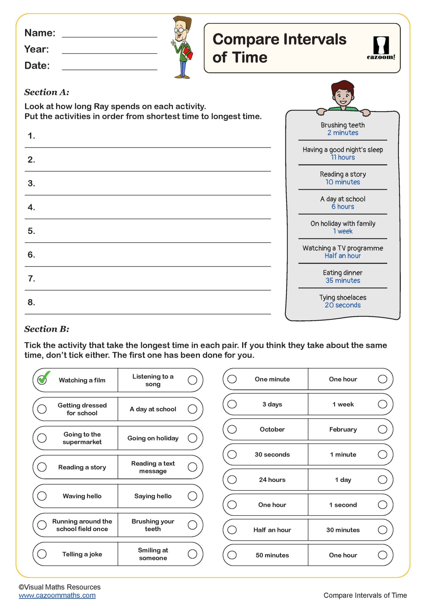 Compare Intervals of Time Worksheet | Key Stage 1 PDF Measurement ...
