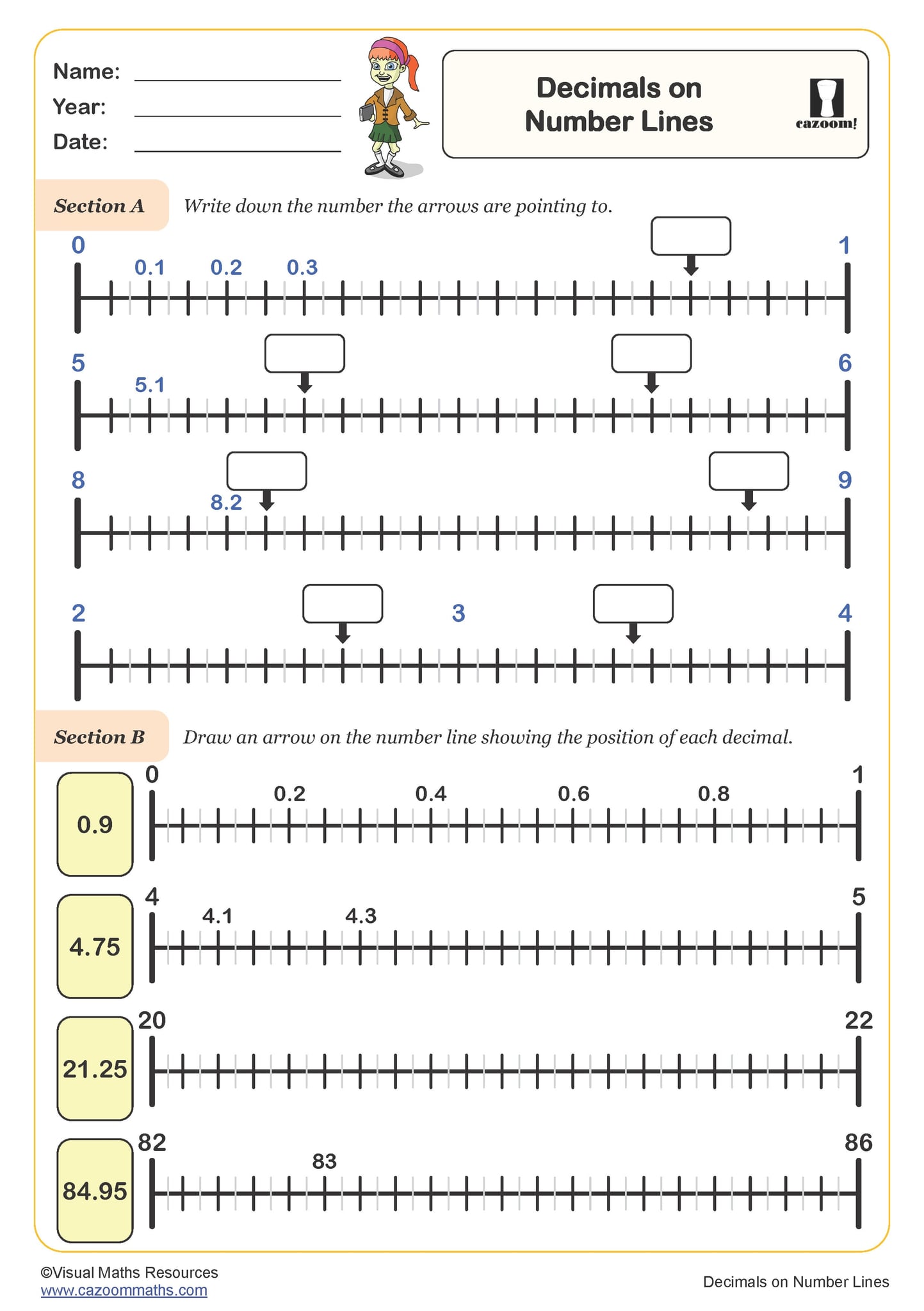 Decimals on Number Lines Worksheet | PDF printable Number Worksheets