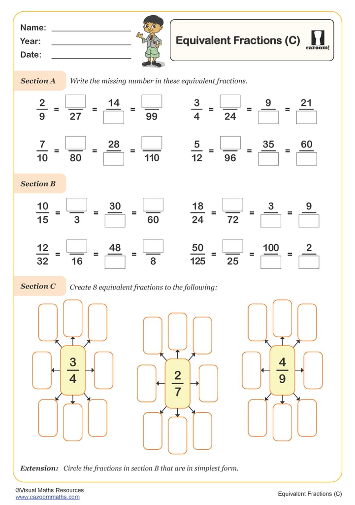 Equivalent Fractions (A) Worksheet | PDF printable Number Worksheets