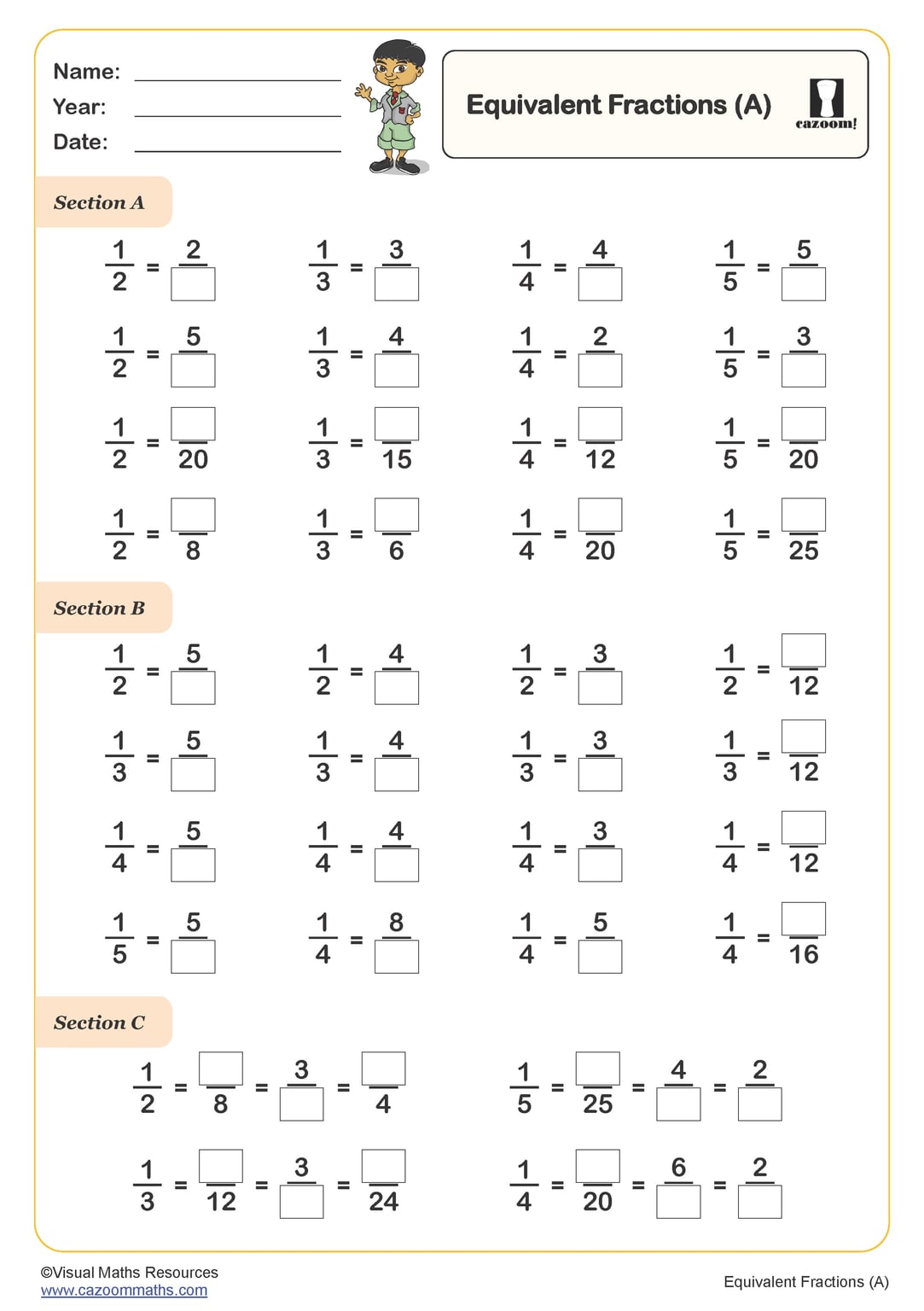 Equivalent Fractions (C) Worksheet | Key Stage 2 PDF Number Worksheets