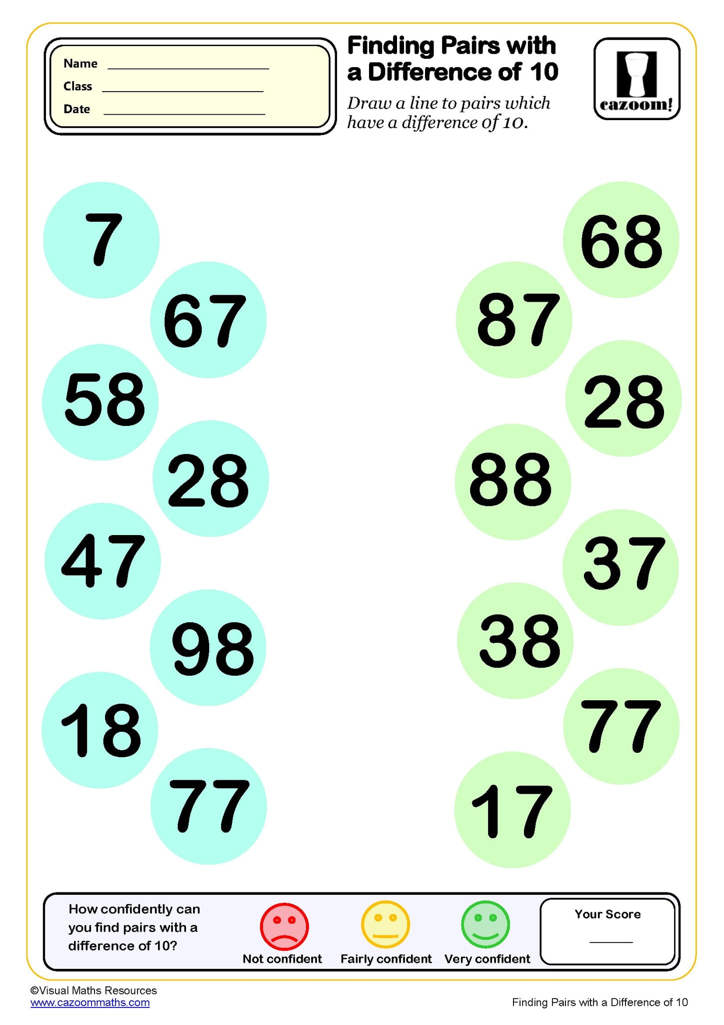 Find Pairs with a Difference of 10 Worksheet | Fun and Engaging Year 2 ...