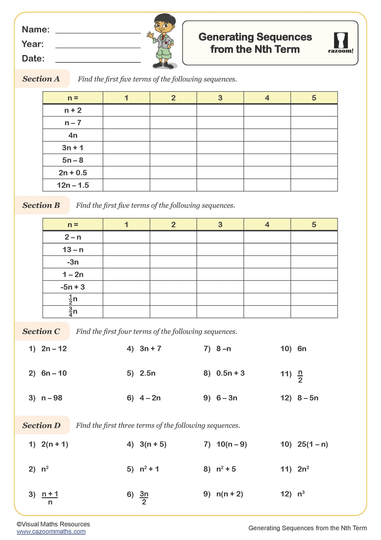 Generating Sequences from the Nth Term Worksheet | Key Stage 2 PDF ...