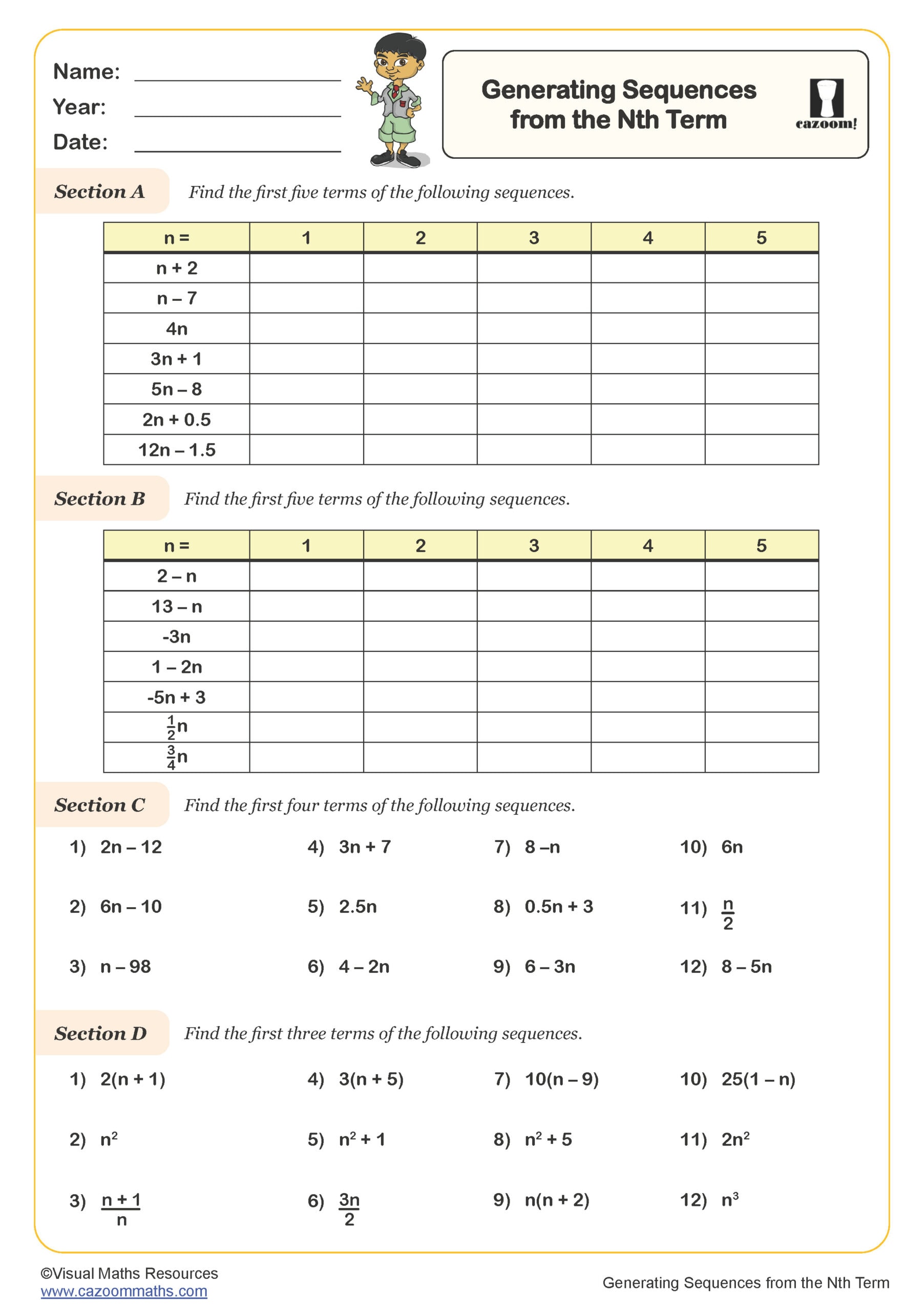 Generating Sequences from the Nth Term Worksheet | Key Stage 2 PDF ...