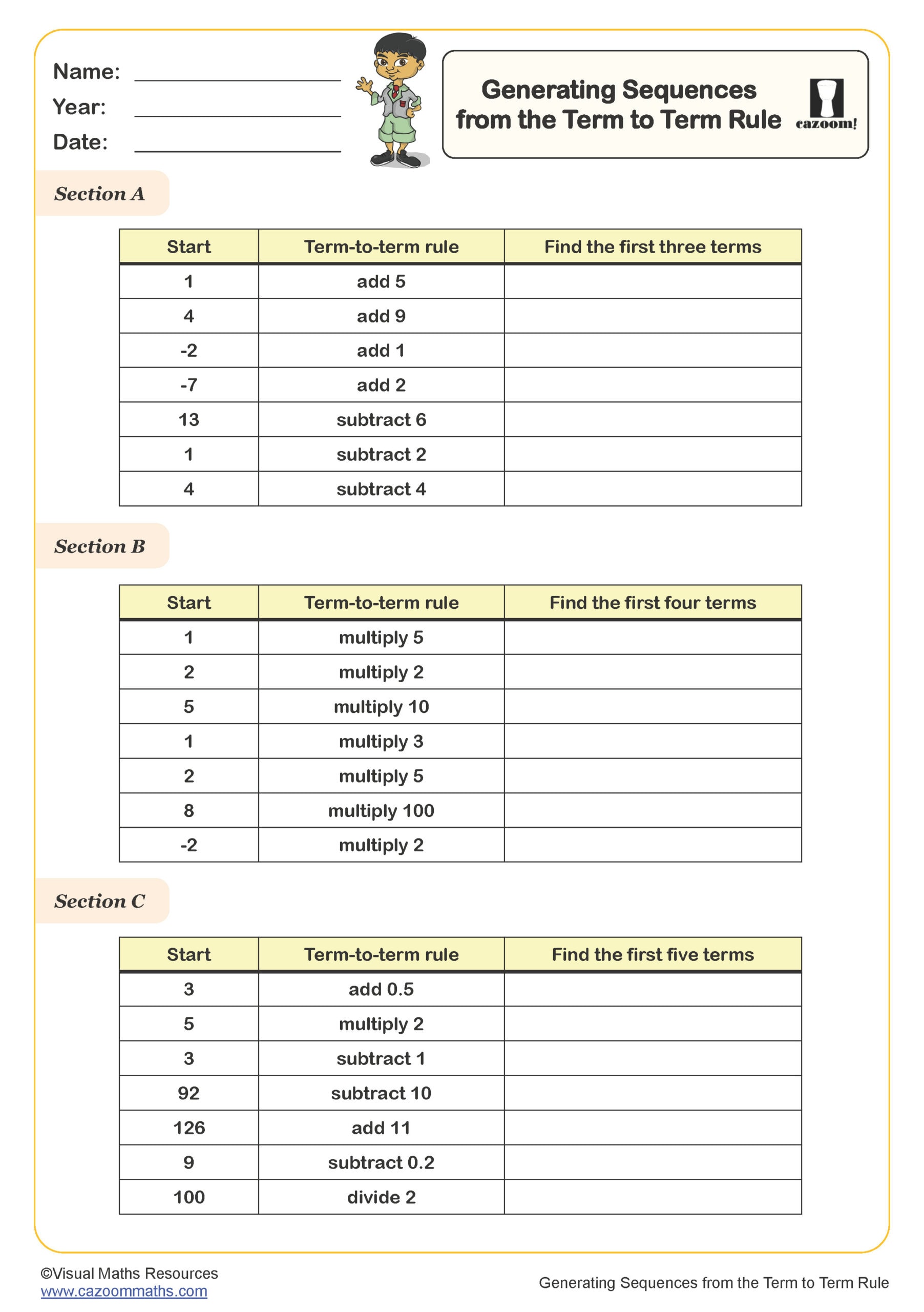 Generating Sequences from the Term to Term Rule Worksheet | PDF ...