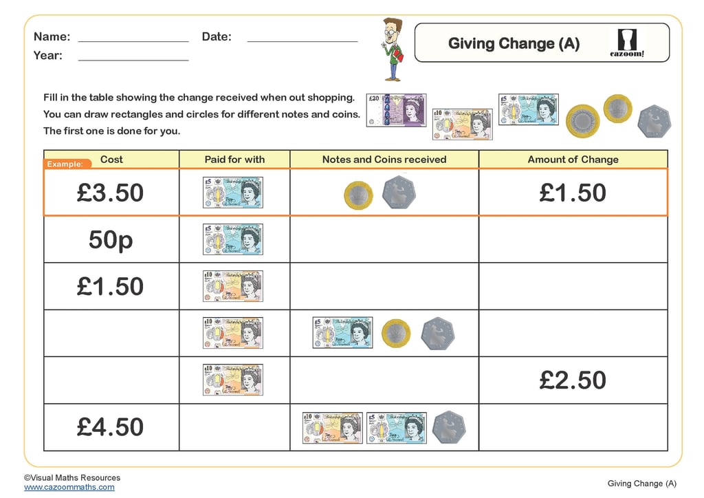 Giving Change (A) Worksheet | PDF printable Measurement Worksheets