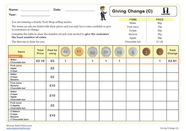 Giving Change (C) Worksheet | Key Stage 2 PDF Measurement Worksheets