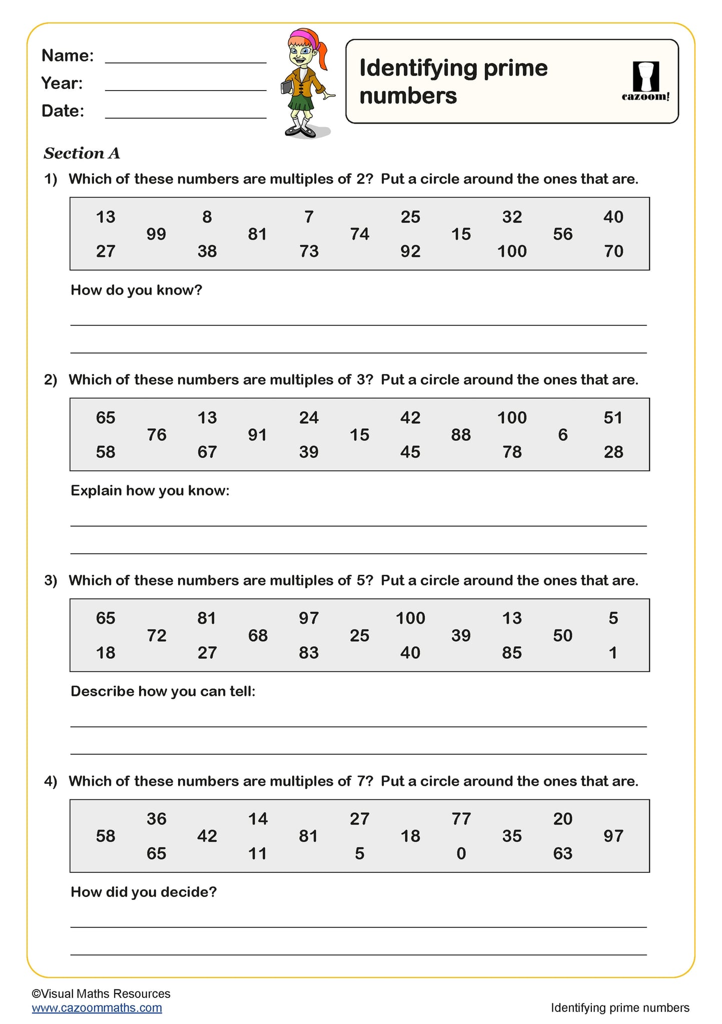Identifying Prime Numbers Worksheet | Key Stage 2 PDF Number Worksheets