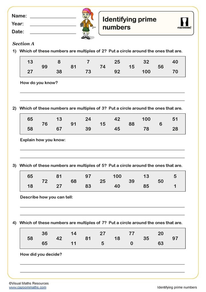 Identifying Prime Numbers Worksheet | Key Stage 2 PDF Number Worksheets