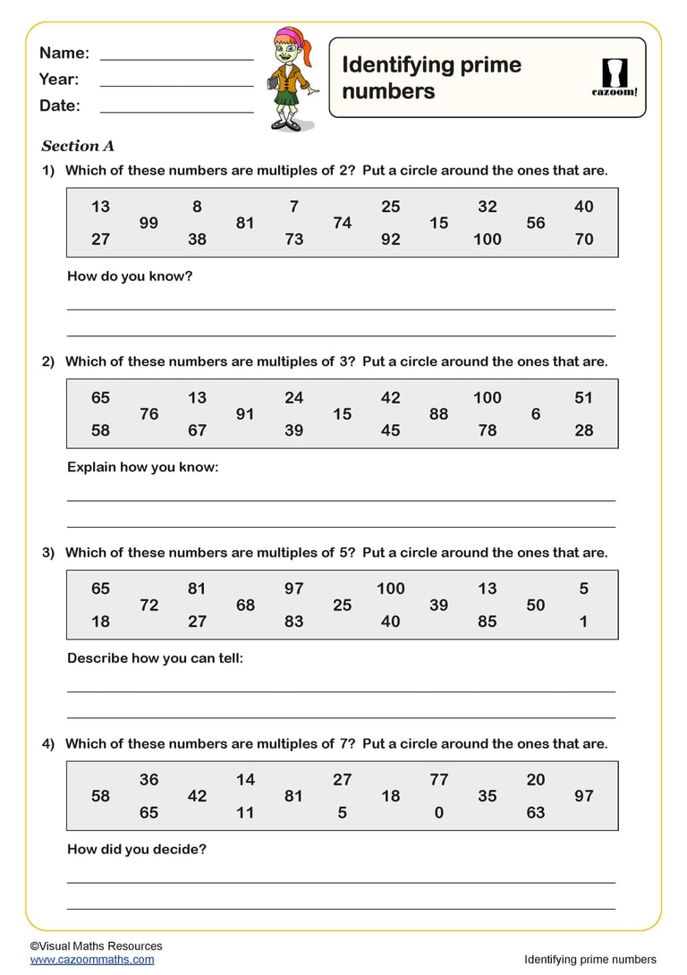 Identifying Prime Numbers Worksheet | Key Stage 2 PDF Number Worksheets