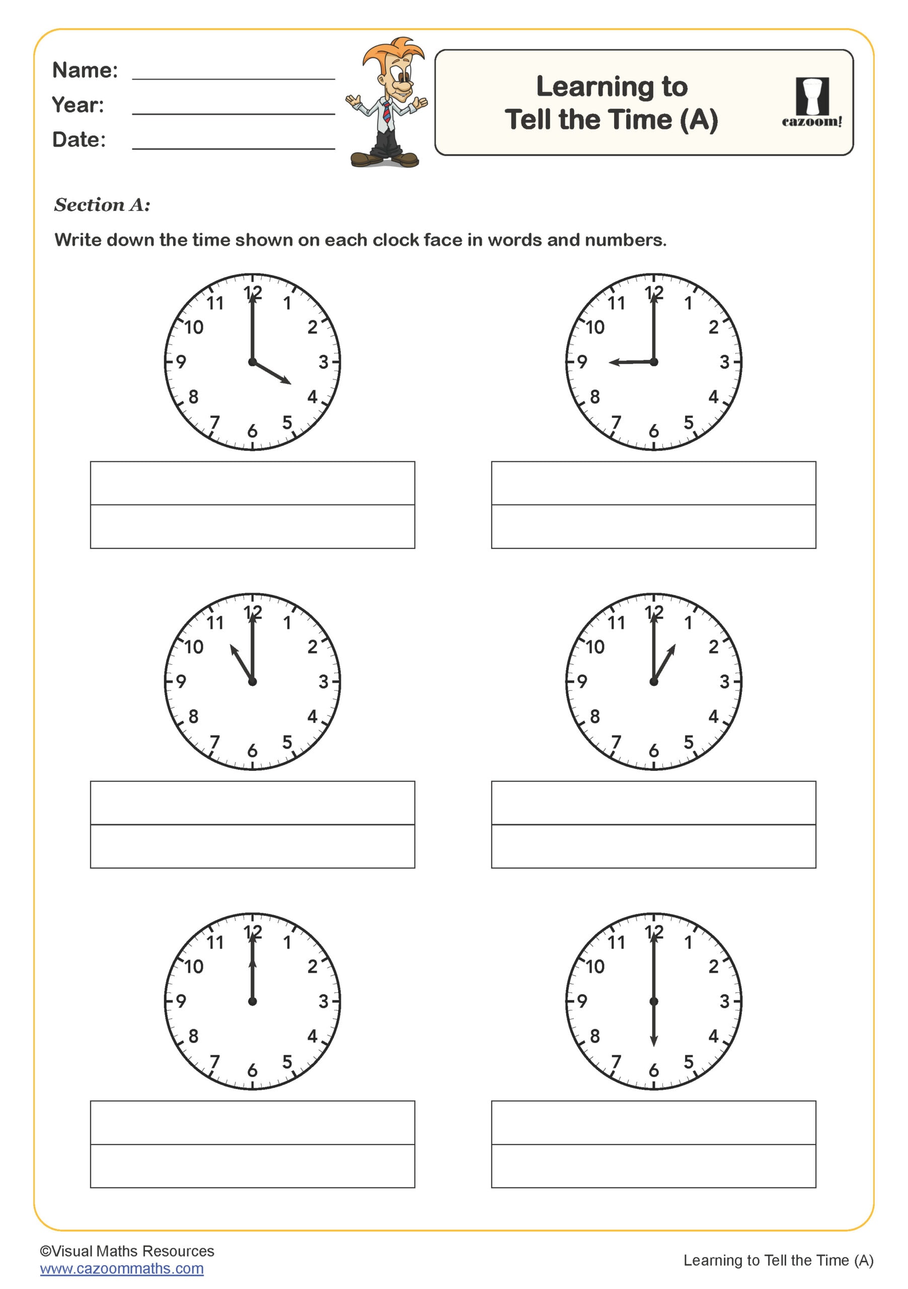 Learning to Tell th Time (A) Worksheet | Key Stage 1 PDF Measurement ...