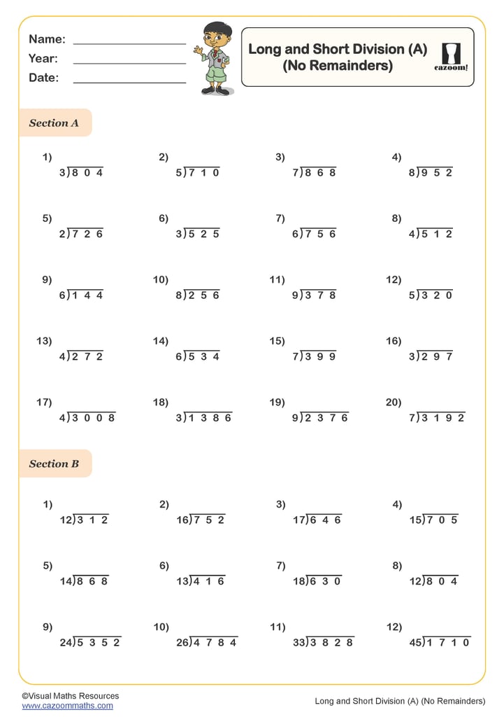 Long and Short Division (A) Worksheet (No Remainders) | PDF printable ...