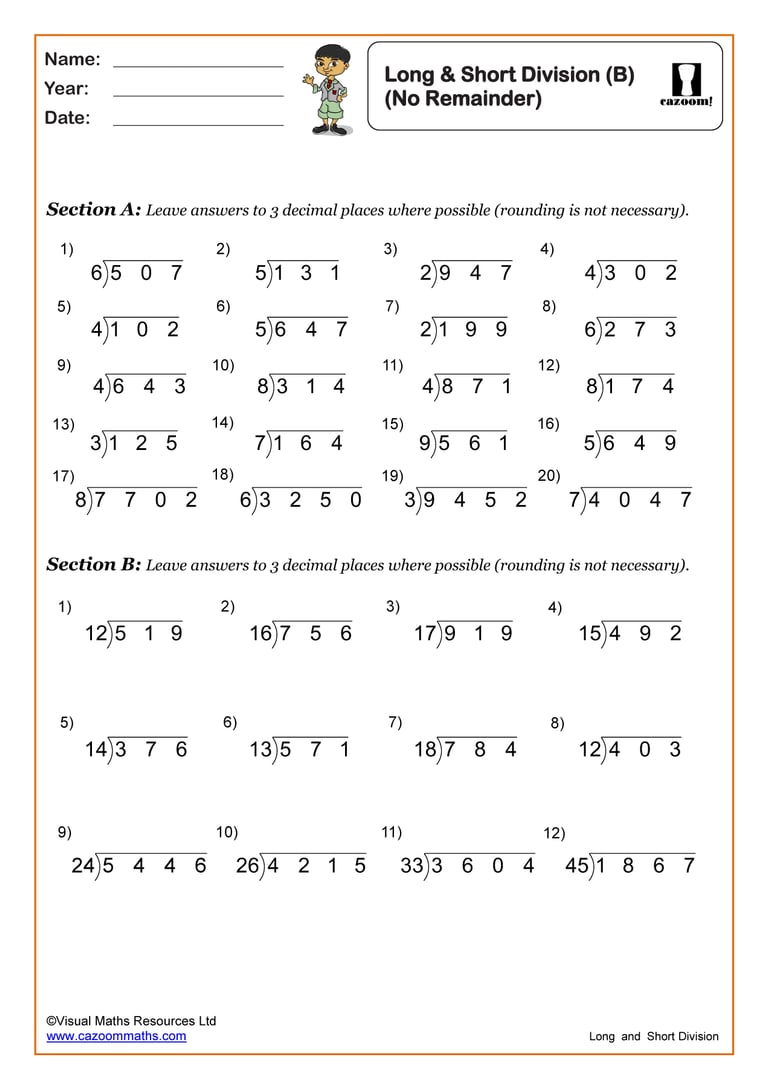 Long and Short Division (B) Worksheet (With Remainders) | Fun and ...
