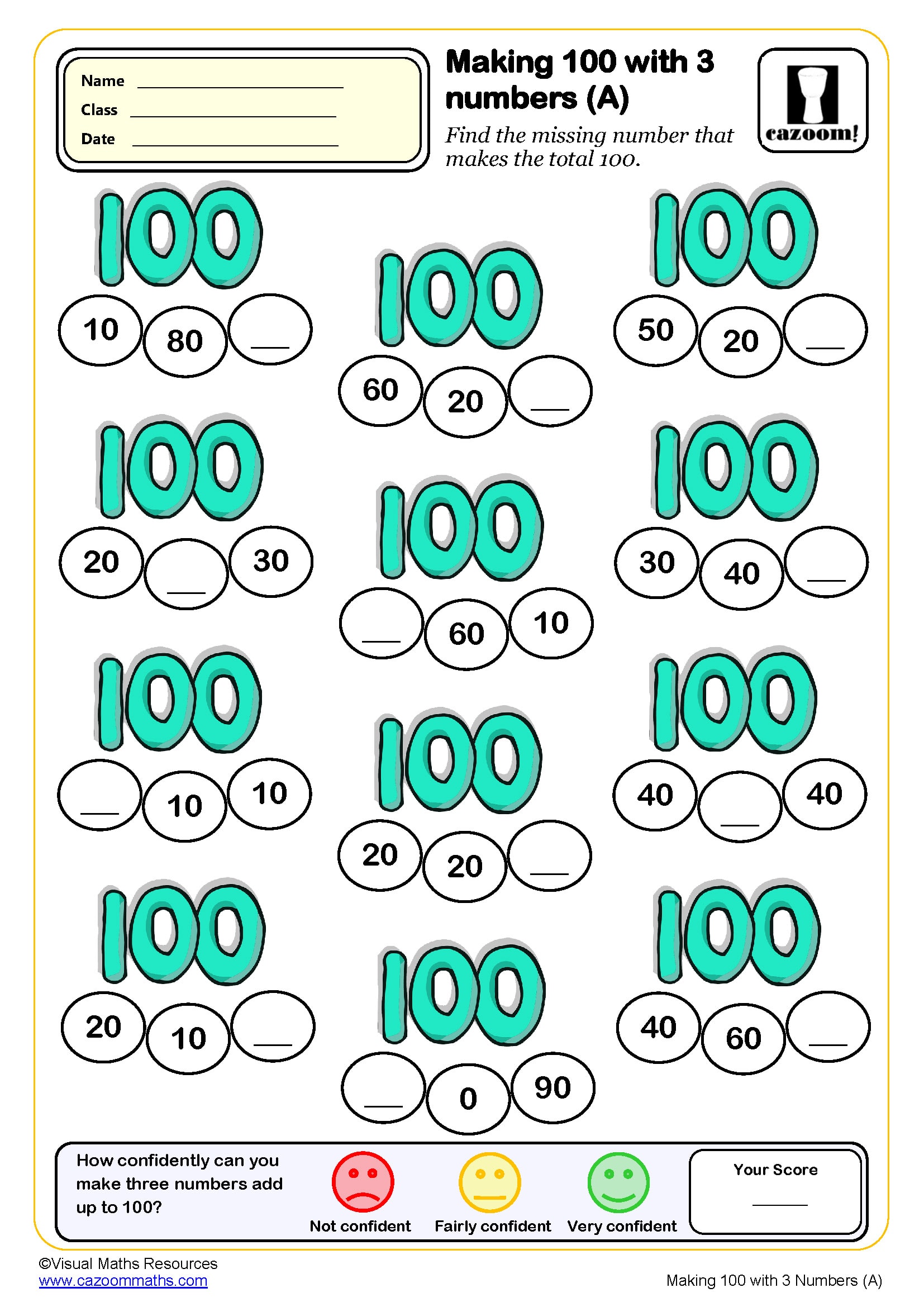 Making 100 with 3 Numbers Worksheet (A) (Multiples of 10) | PDF printable Addition Worksheets