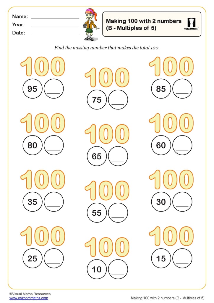 Making 100 with 2 numbers Worksheet (B - multiples of 5) | Key Stage 1 ...