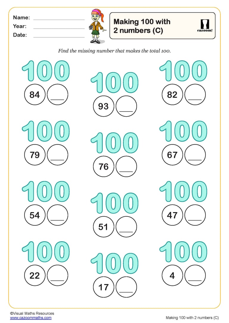 Making 100 with 2 numbers Worksheet (B - multiples of 5) | Key Stage 1 ...