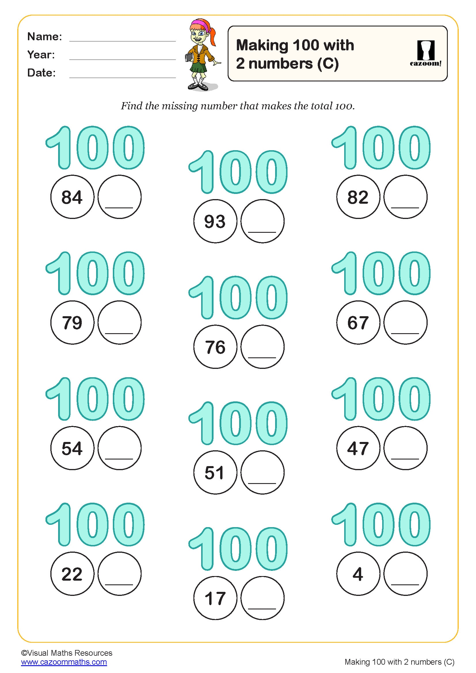 Making 100 with 3 numbers Worksheet (blanks) | Key Stage 1 PDF Addition ...