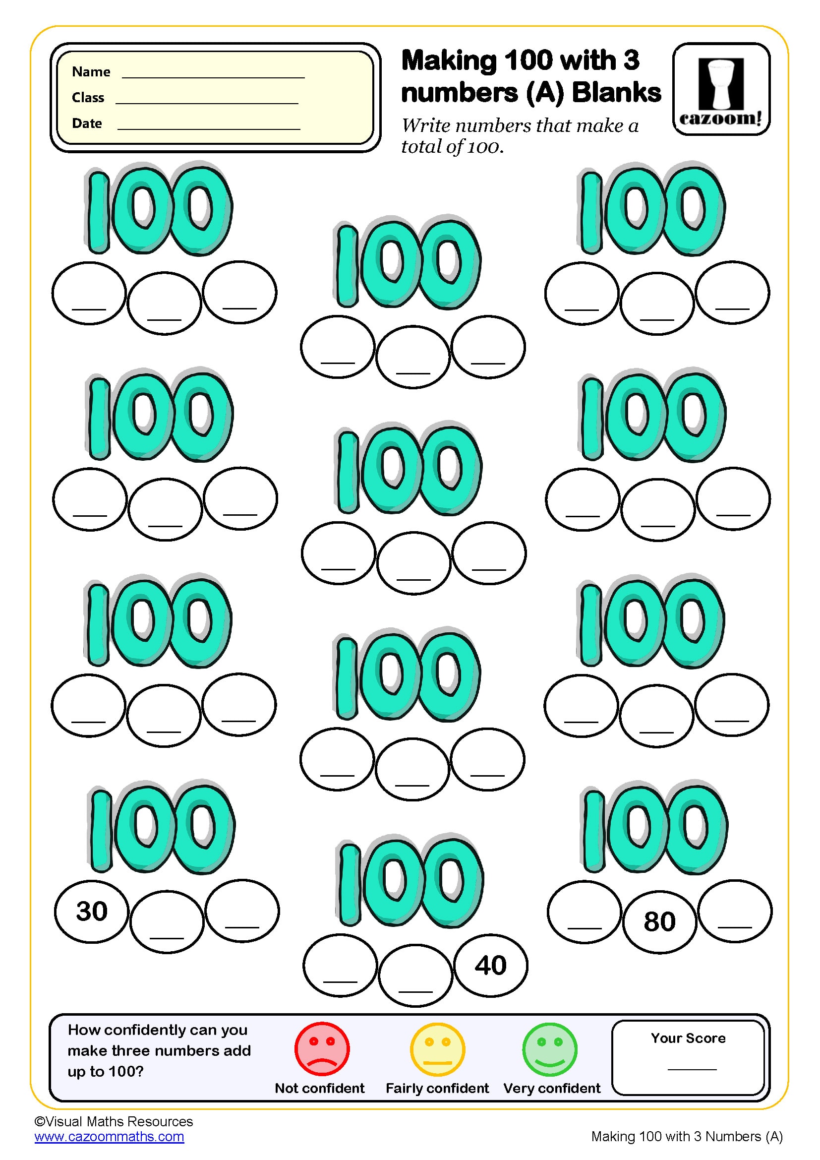 Making 100 With 3 Numbers Worksheet blanks Key Stage 1 PDF Addition