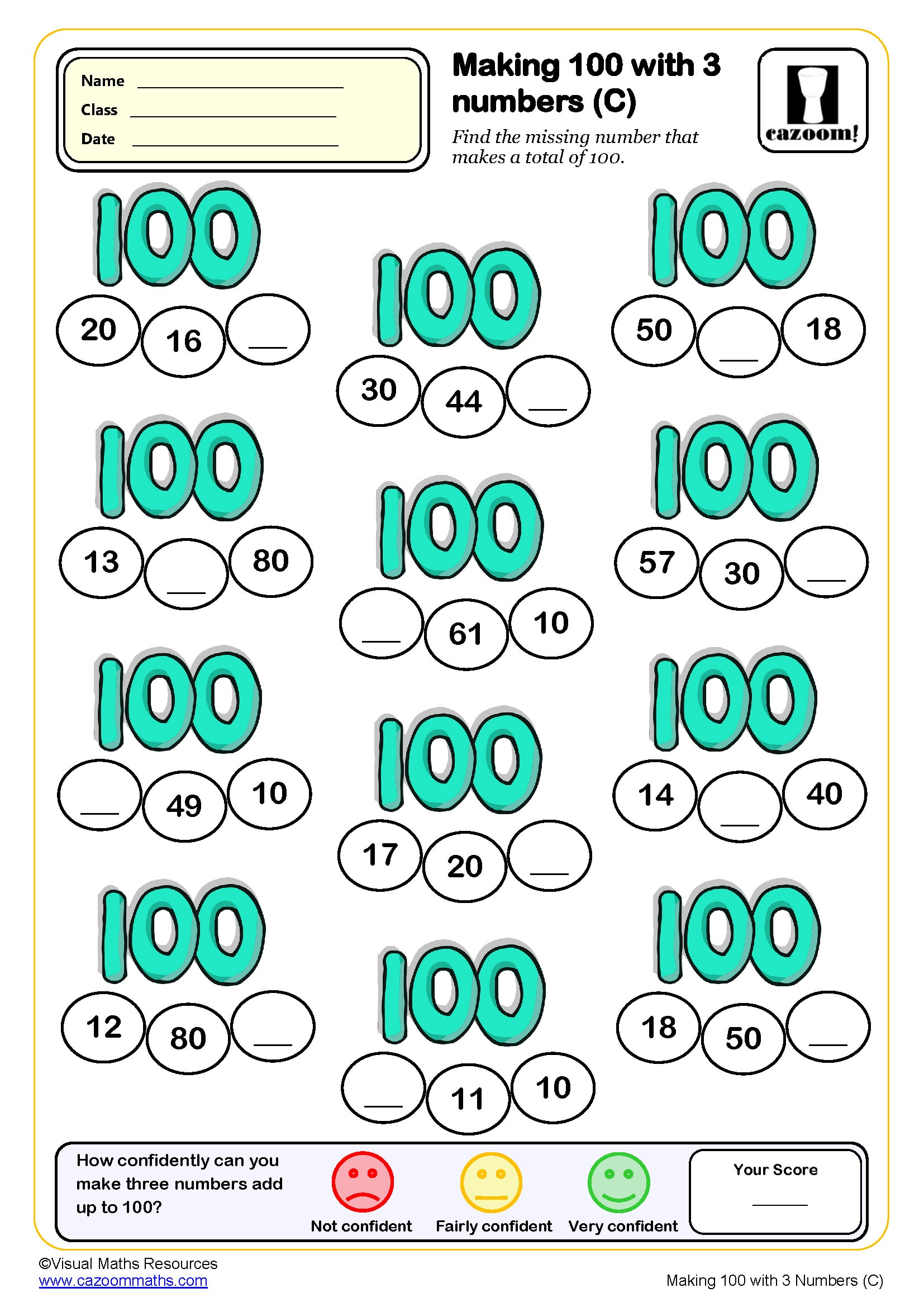 Making 100 with 3 numbers (C) Worksheet | Key Stage 1 PDF Addition ...