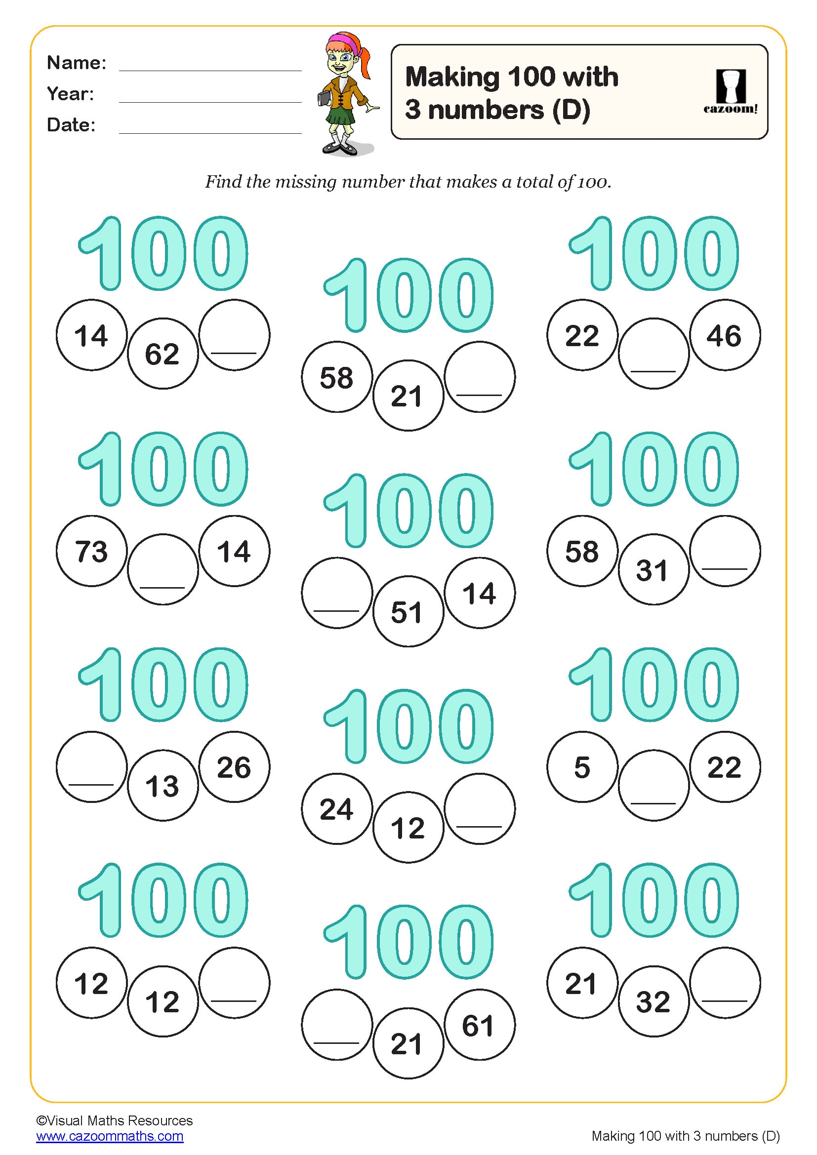 Making 100 with 3 numbers Worksheet (D) (No regrouping) | PDF printable ...