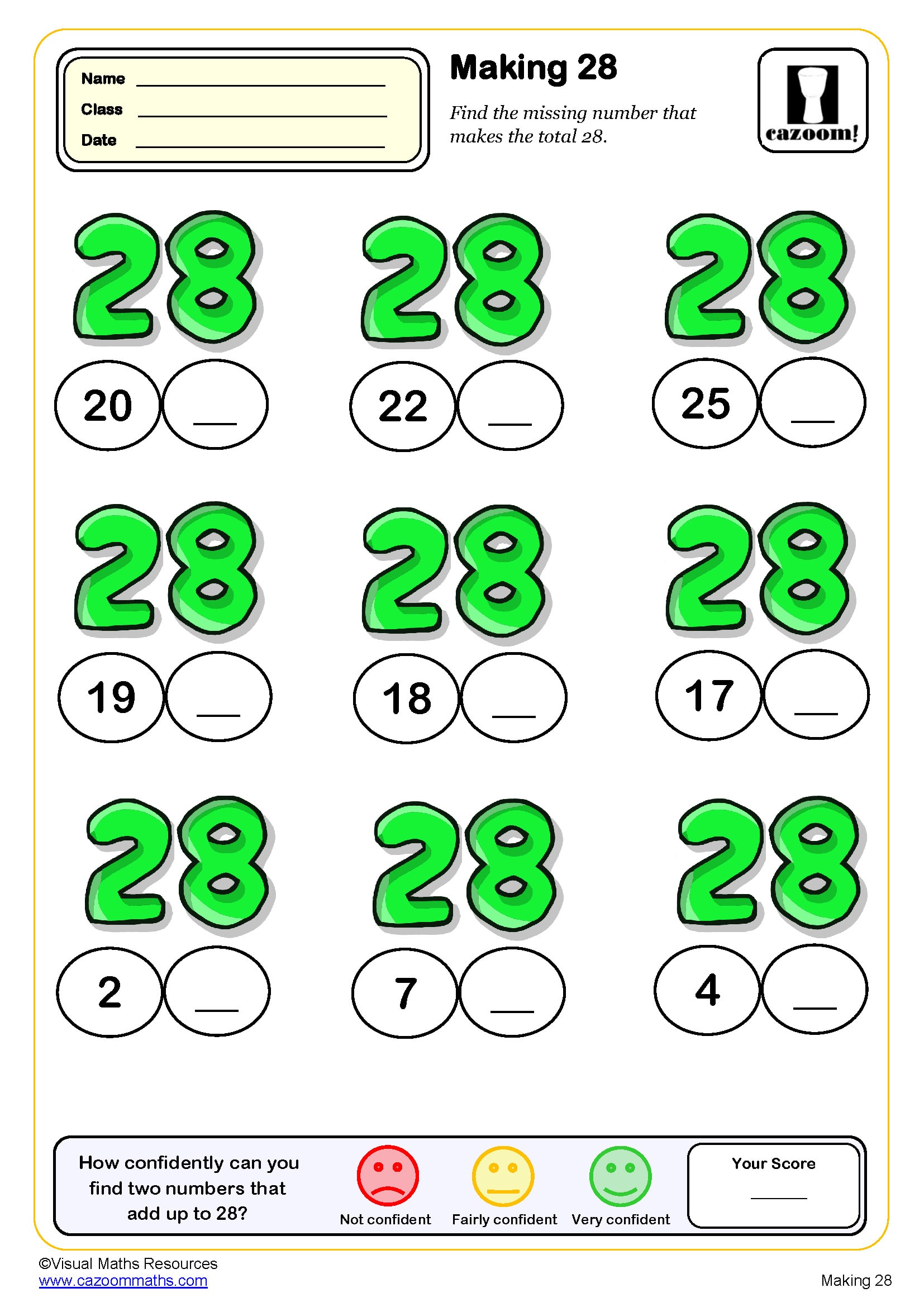 Making 28 Worksheet (Blanks) | PDF printable Addition Worksheets