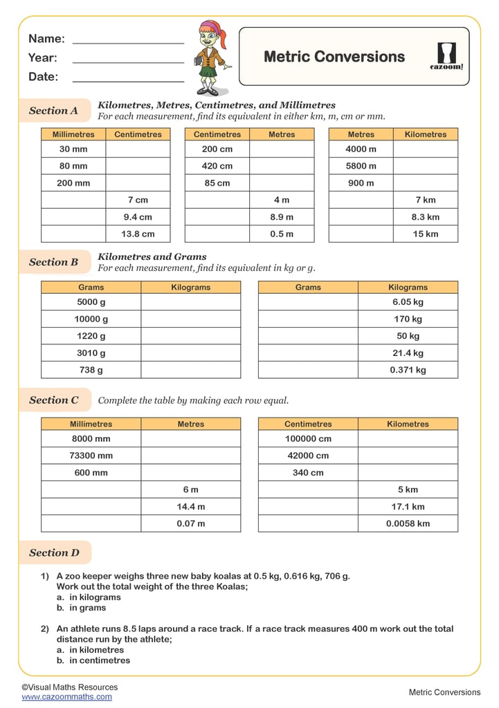 Metric Conversions Worksheet | Key Stage 2 PDF Measurement Worksheets
