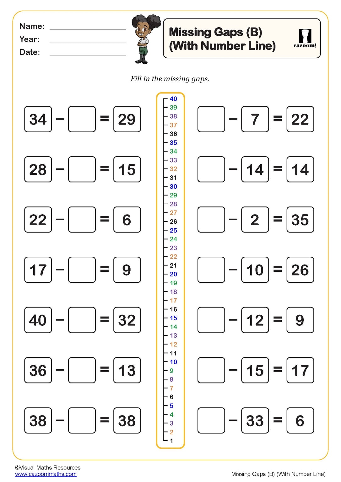 Misisng Gaps (A) Worksheet (With a Number Line) | Key Stage 1 PDF ...