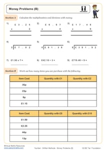 Money Problems (B) Worksheet | PDF printable Measurement Worksheets