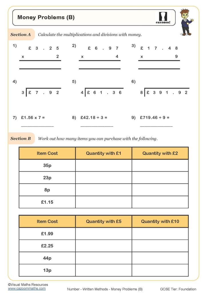 Money Problems (B) Worksheet | PDF printable Measurement Worksheets
