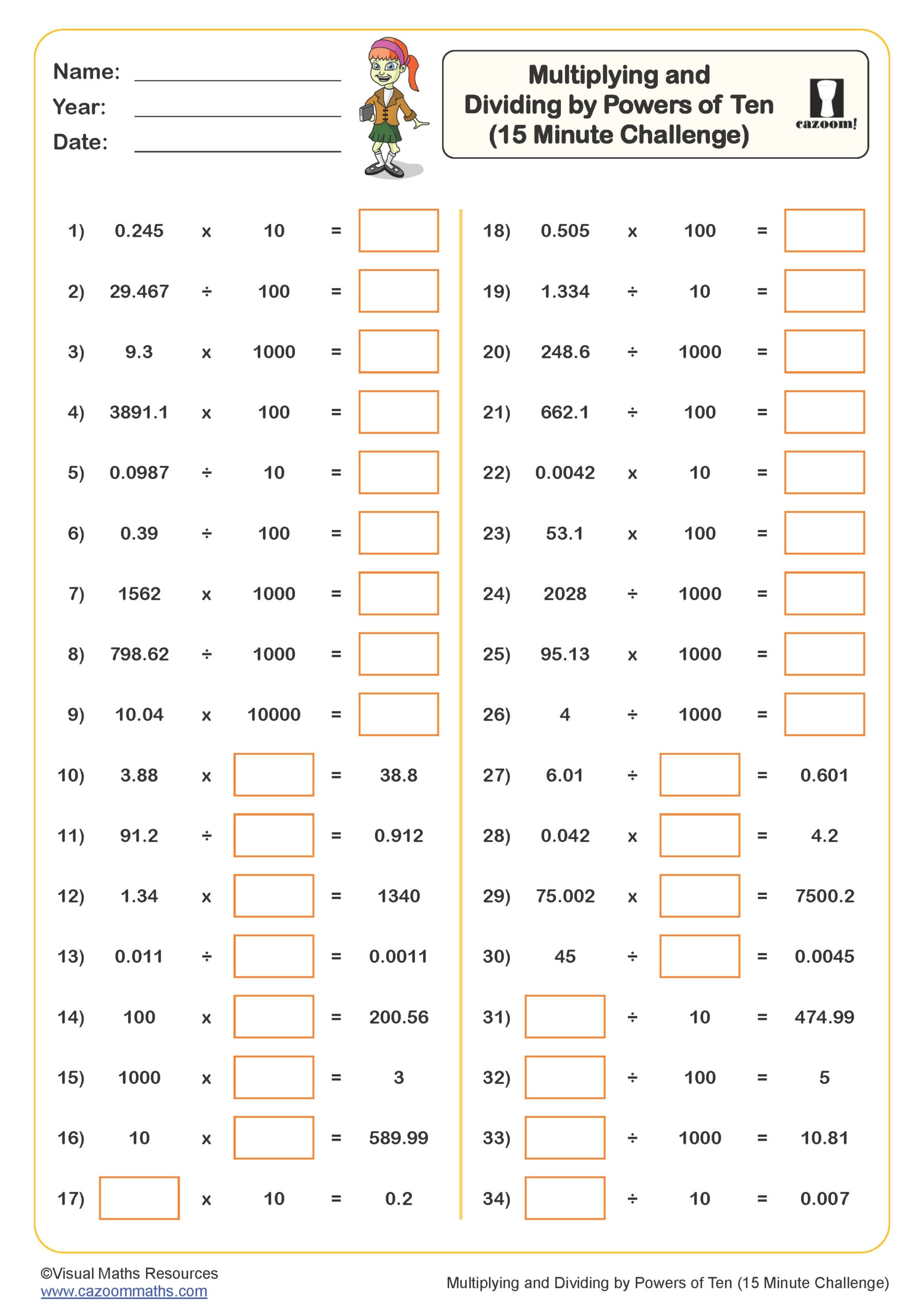 Multiplying and Dividing by Powers of Ten Worksheet (15 Minute ...