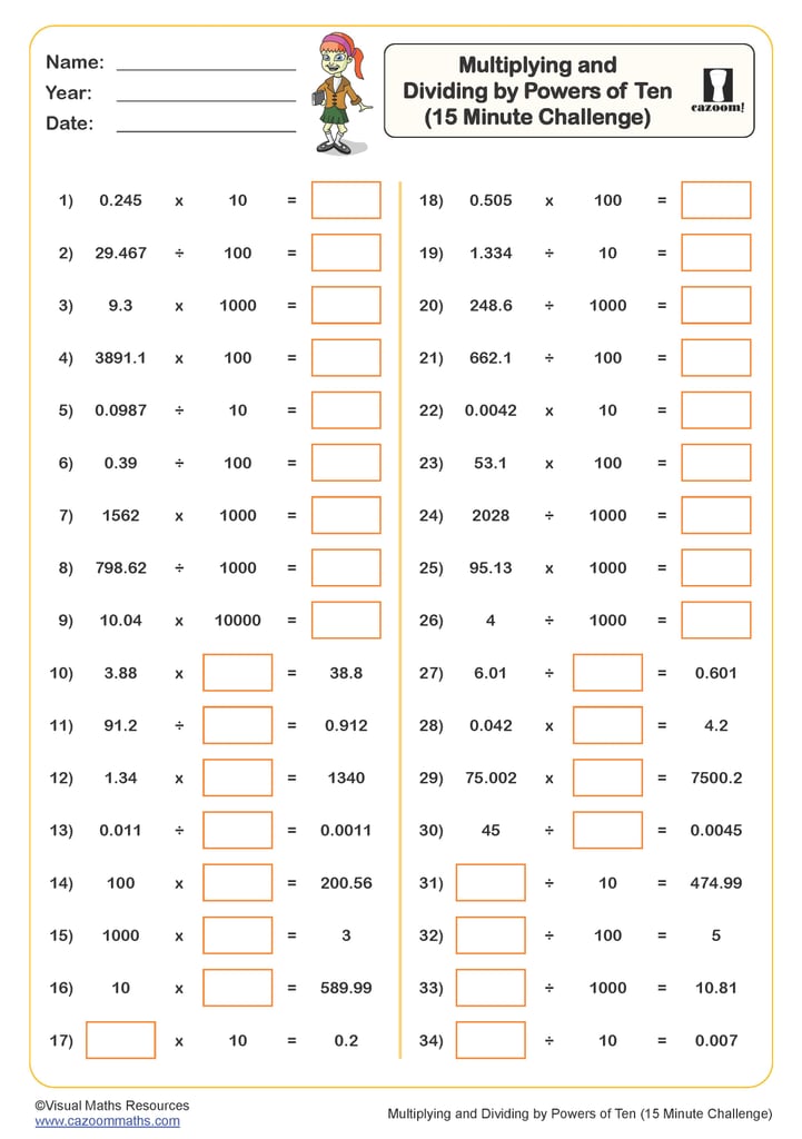 Multiplying Dividing By Powers Of Ten B Worksheet Key Stage 2 PDF