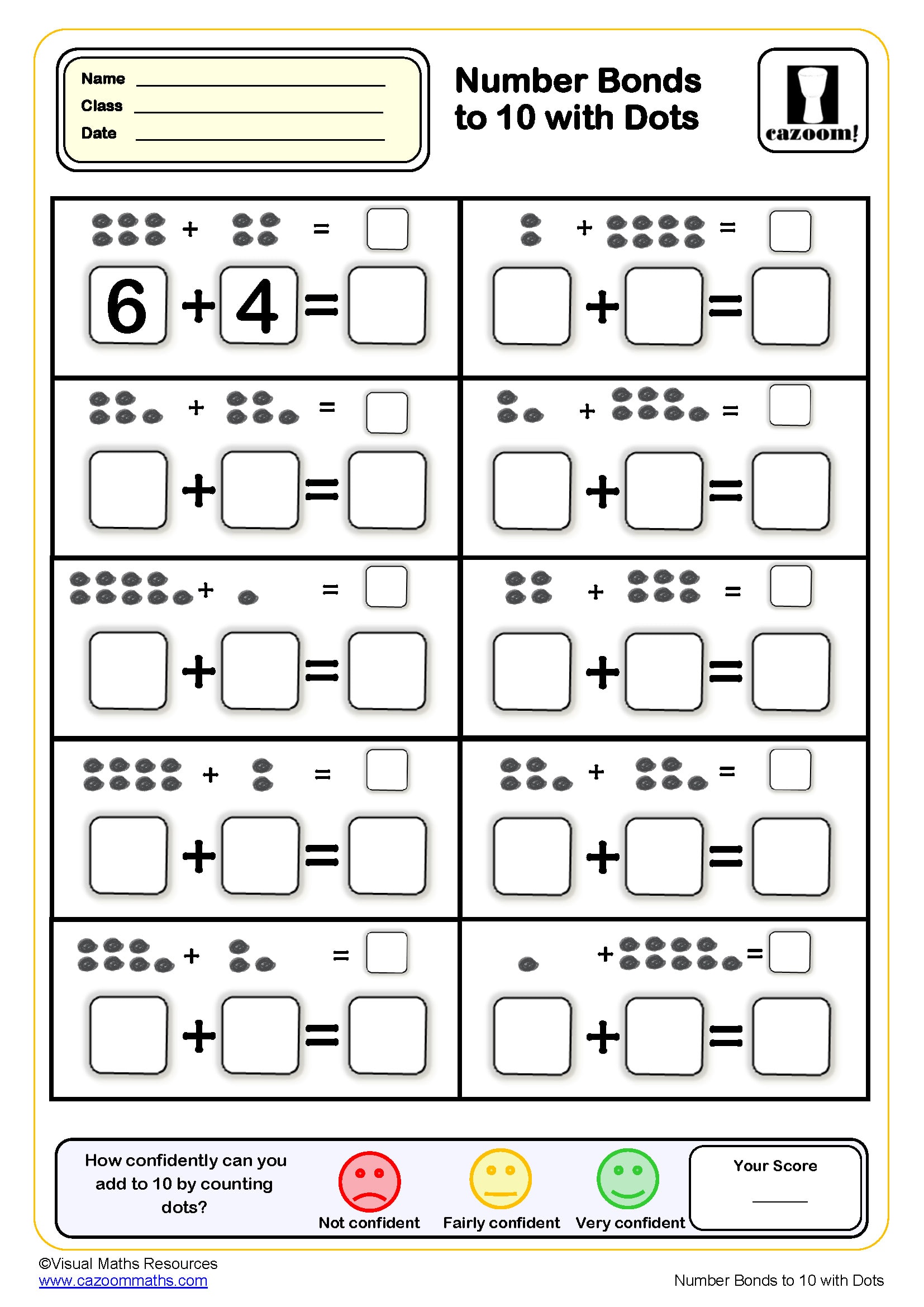 Number Bonds to 10 with Dots Worksheet | PDF printable Addition Worksheets