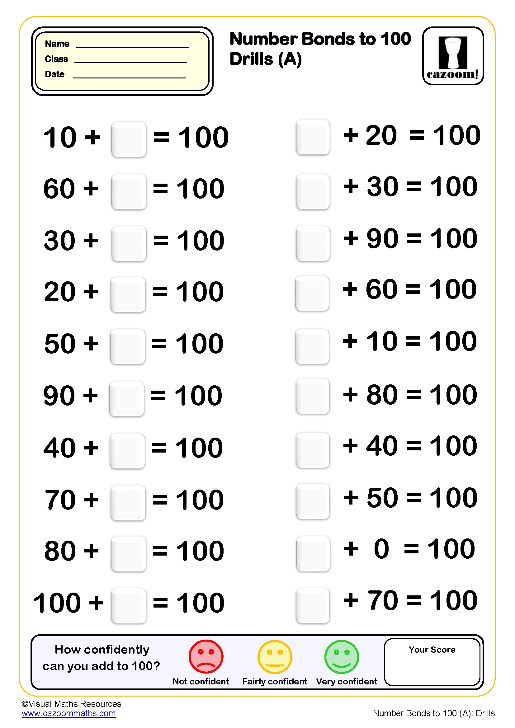 Number bond to 100 Drills (A) Worksheet (20 questions) | PDF printable ...