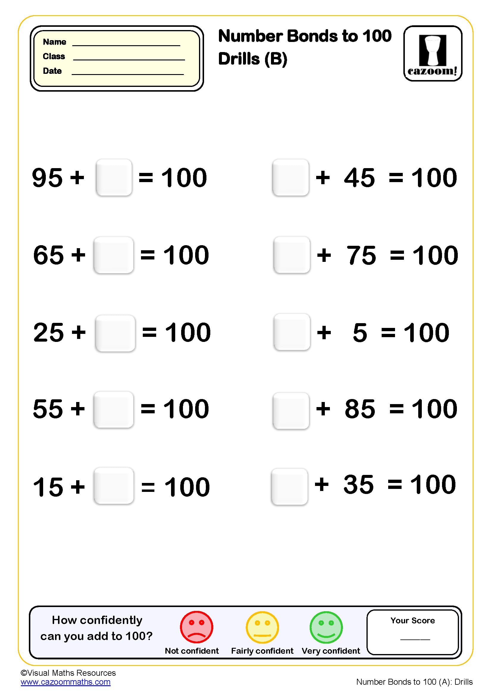 Number bond to 100 Drills (B) Worksheet (10 questions) | Key Stage 1 ...