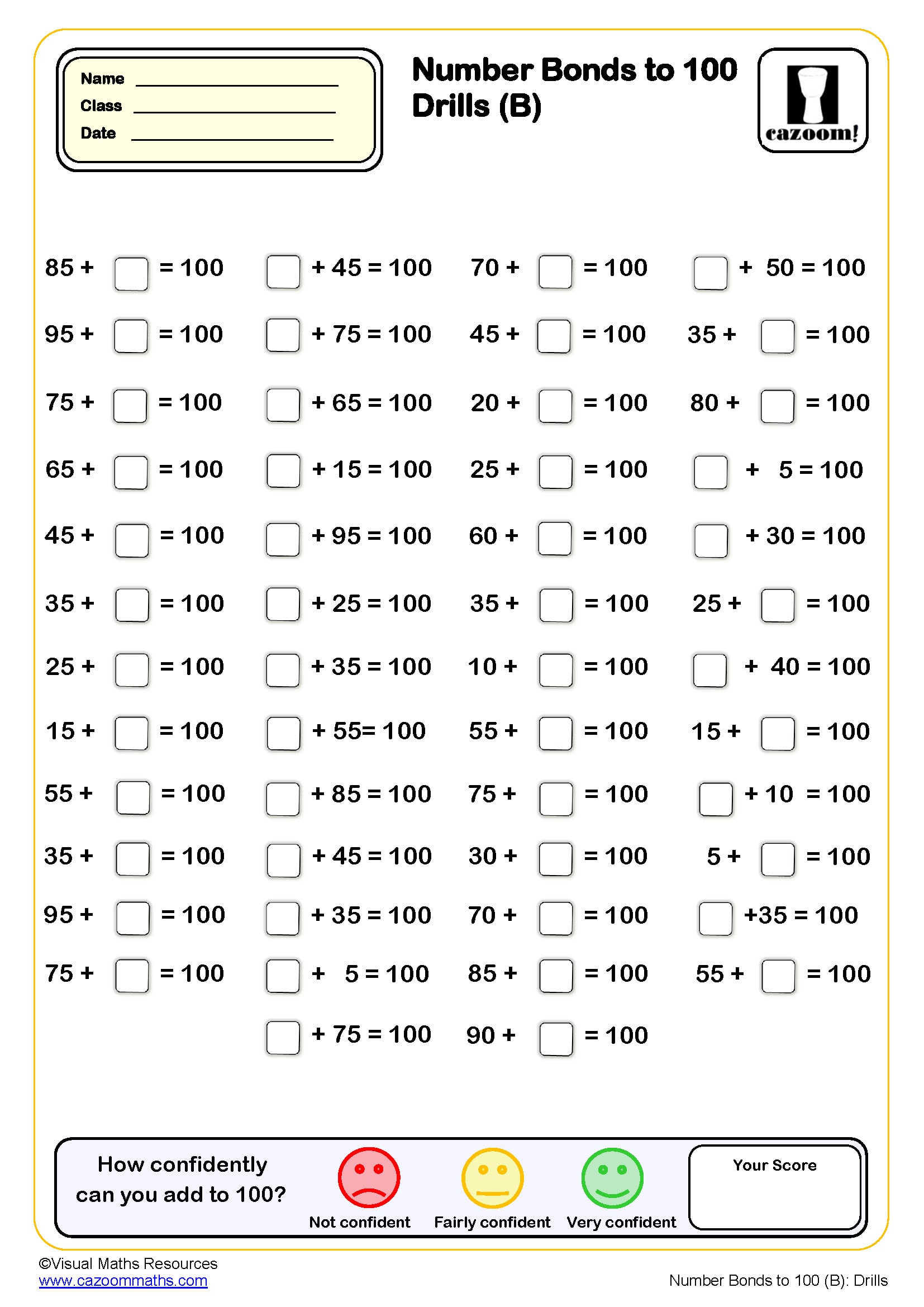 Number bond to 100 Drills (B) Worksheet (50 questions) | Fun and ...