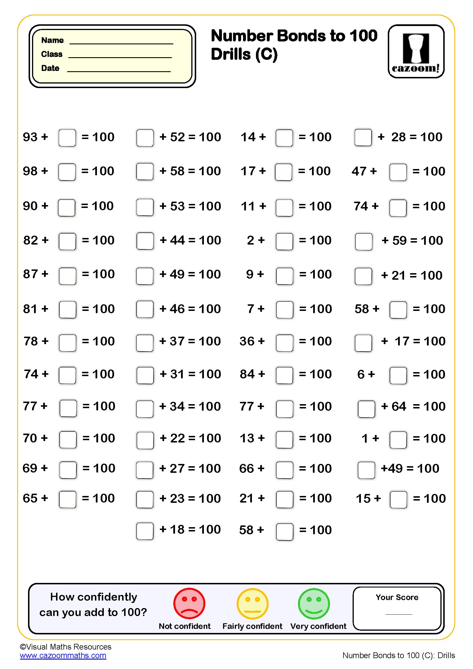 Number bond to 100 Drills (B) Worksheet (50 questions) | Fun and ...