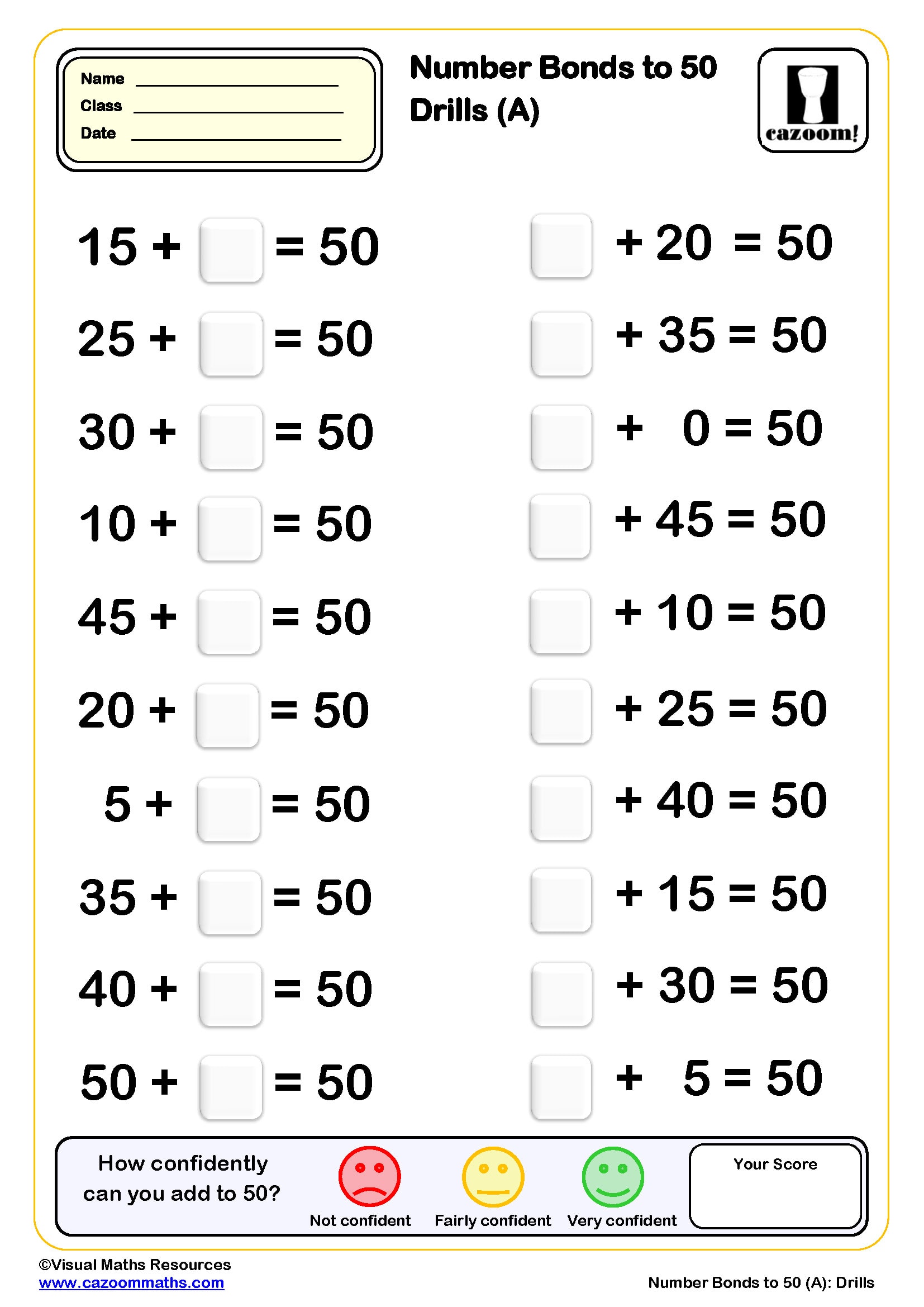Number bond to 50 Drills (A) Worksheet (10 questions) | Key Stage 1 PDF ...