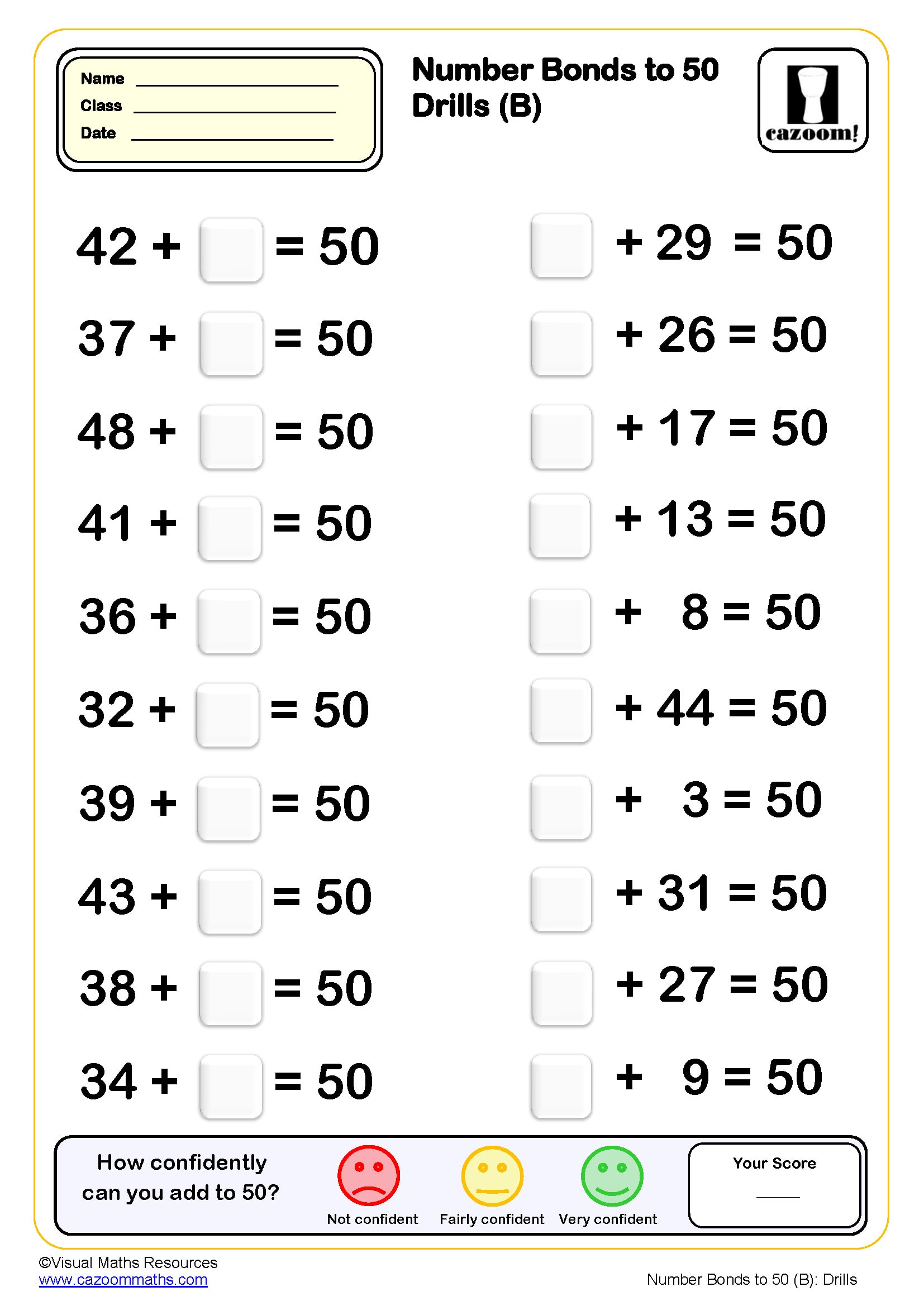 Number bond to 50 Drills (B) Worksheet (20 questions) | PDF printable ...