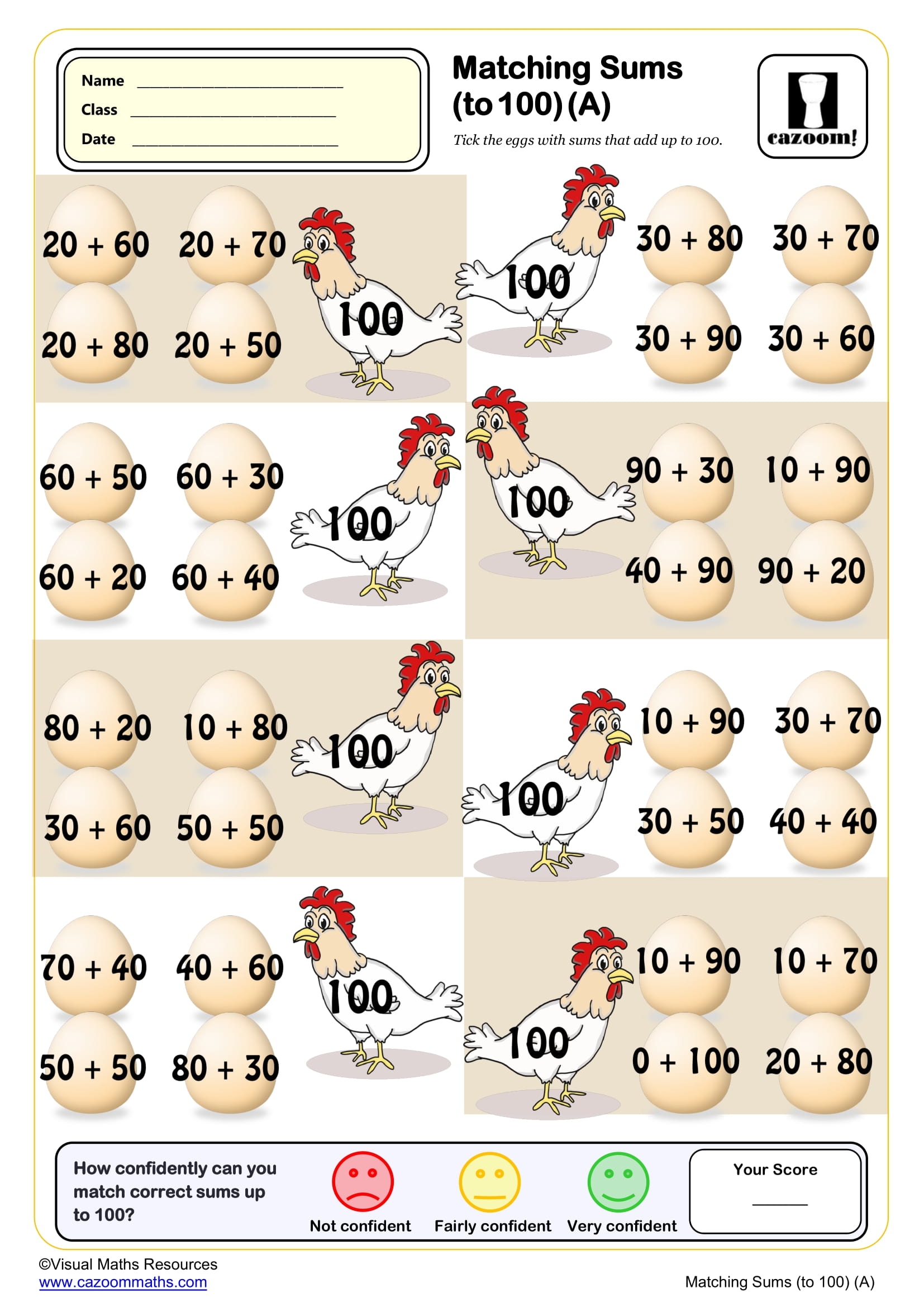 Matching sums to 100 (A) Worksheet | Key Stage 1 PDF Addition Worksheets