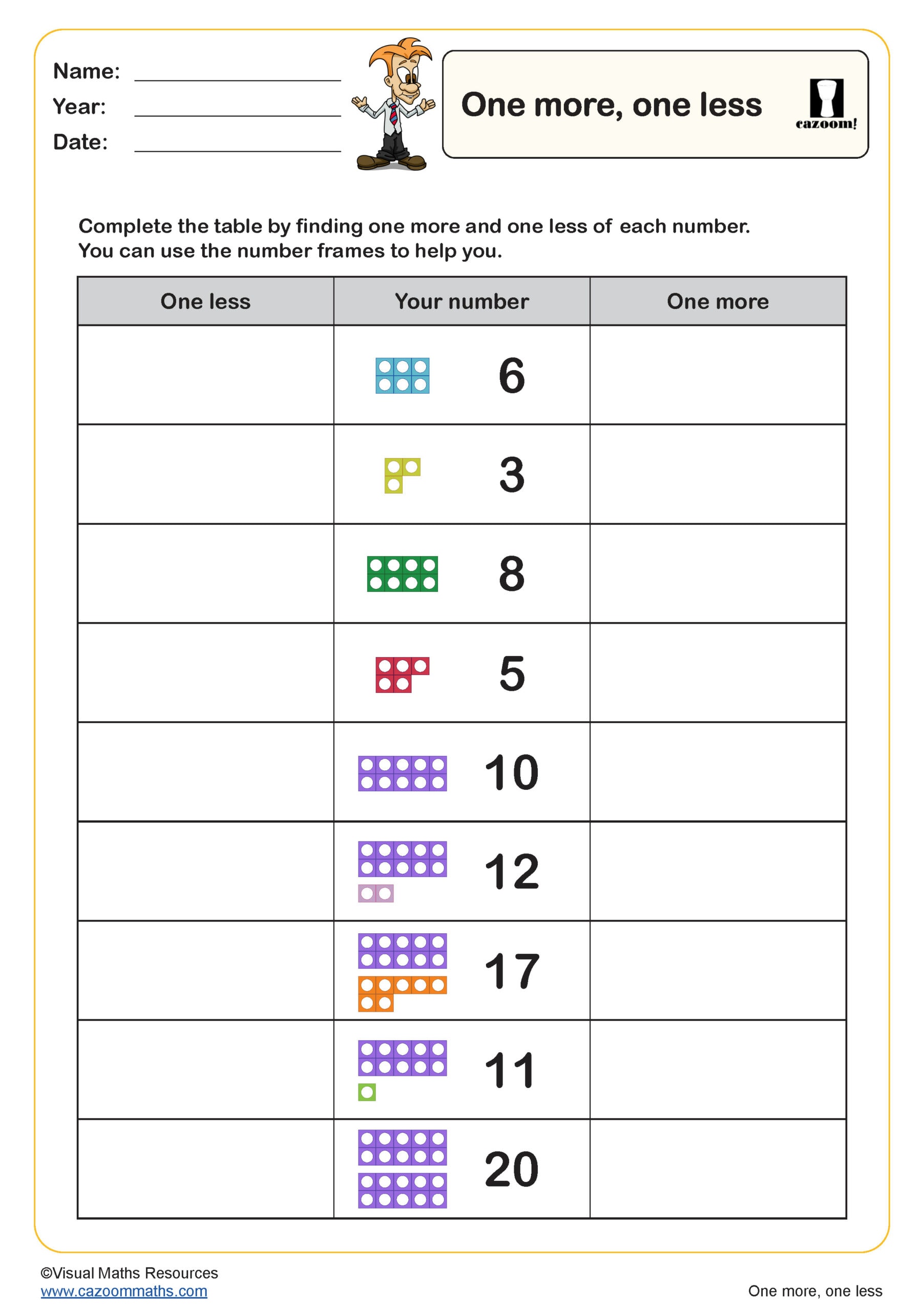 One More, One Less Worksheet | PDF printable Number Worksheets