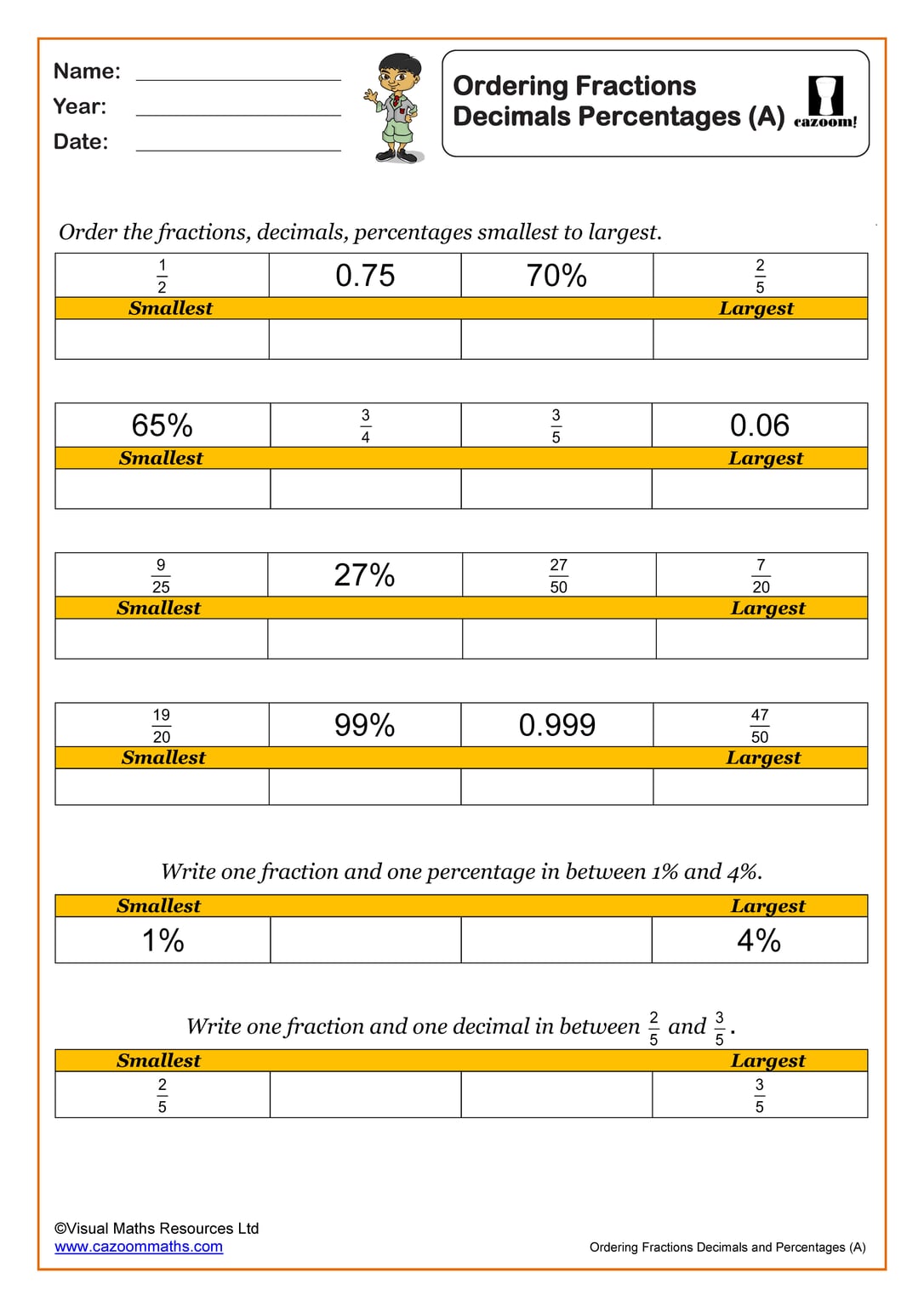 Ordering Fractions Decimals And Percentages A Worksheet Fun And