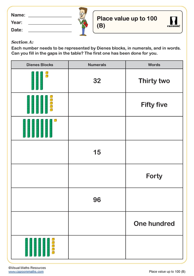Place Value up to 100 (B) Worksheet | Key Stage 1 PDF Number Worksheets