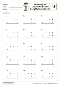 Practising the Column Method for Long Multiplication (A) Worksheet ...