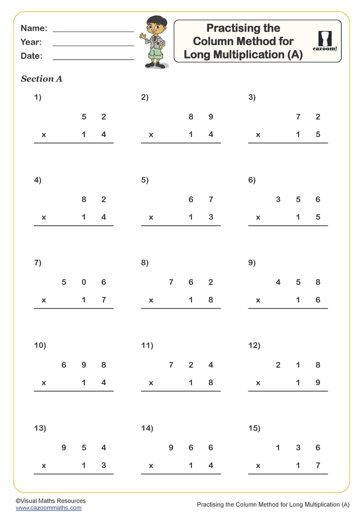 Practising the Column Method for Long Multiplication (A) Worksheet ...