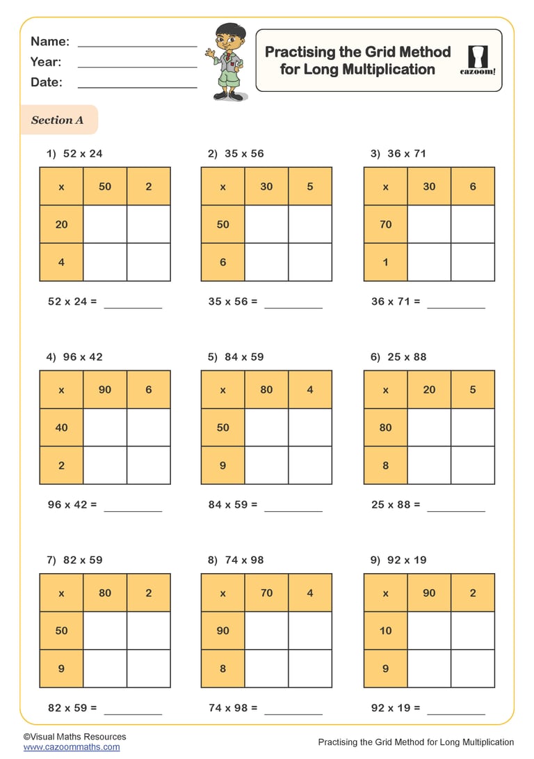Practising the Column Method for Long Multiplication (A) Worksheet | Key Stage 2 PDF Number ...